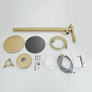 Homevacious Freestanding Bathtub Faucet Brushed Gold Floor Mount Tub Filler Single Handle Brass Bathroom Free Standing Bathtub Faucet with Handheld Shower and Shelf