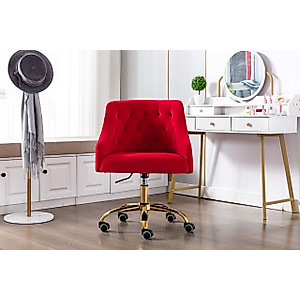 ZOBIDO Comfy Home Office Task Chair with Wheels, Cute Modern Upholstered Velvet Seashell Back Adjustable Swivel Vanity Desk Chair, for Women, for Kids, for Girls, Living Room, Bedroom, (Red)