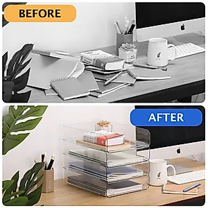 CiWiVOKi Set of 4 Office Organization and Storage, Clear PET Letter Tray Desk Organizer, Stackable Paper Tray Organizer for Desk Accessories, Notes, Pens, File Paper, Document
