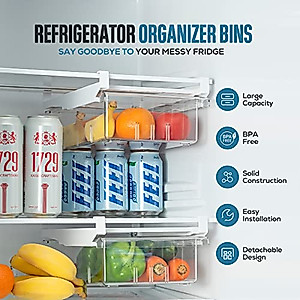 cutesun Fridge Organizer bins，Refrigerator Organizer Bins,Anti-Fall Kitchen Drawer organizer with Handle, Freely Pullable Refrigerator Storage Box