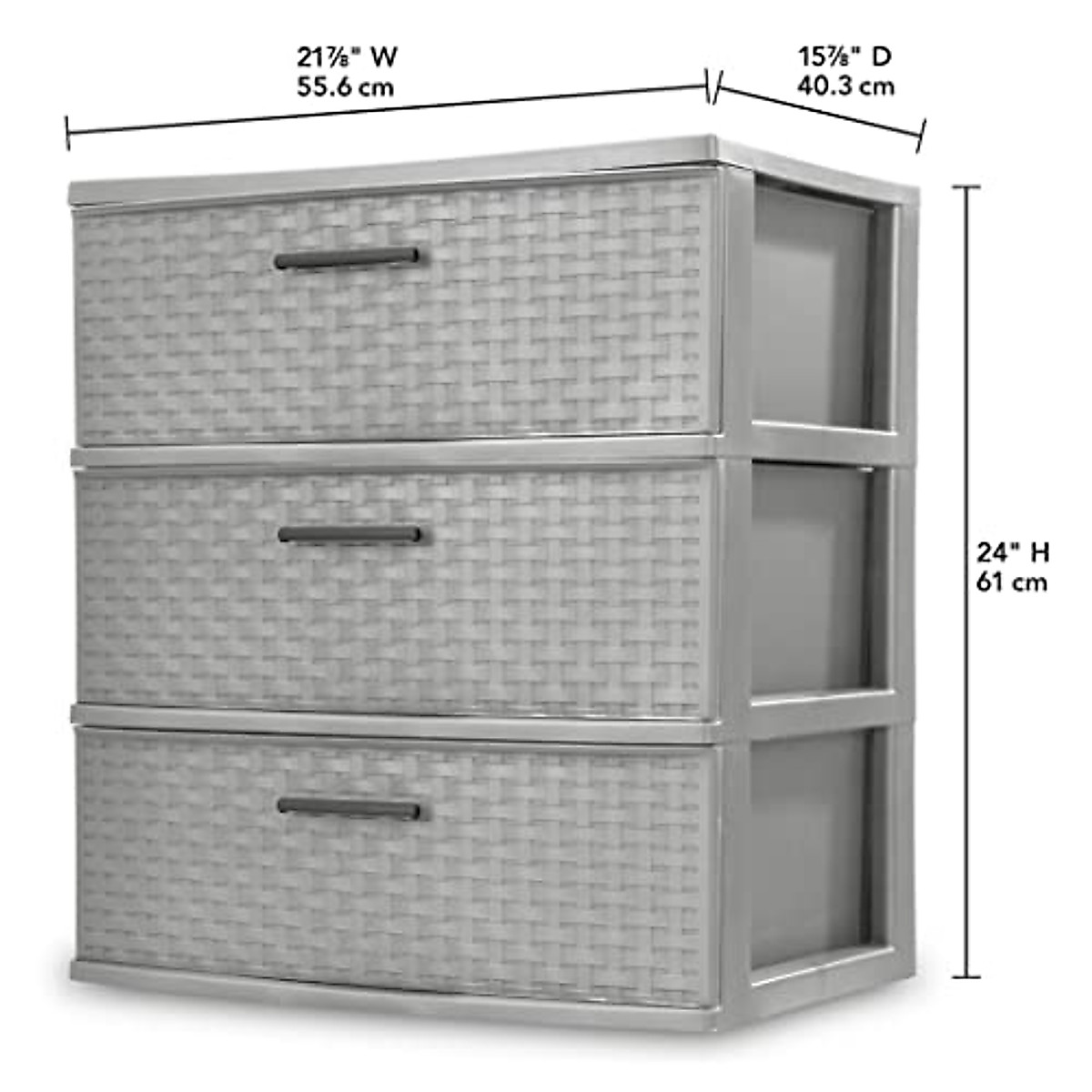 3 Drawer Wide Weave Tower Plastic, Cement - Design Storage Tower with pull handles, Organizer Unit for Bedroom, Closet, Entryway, Hallway, Nursery Room, Storage bins