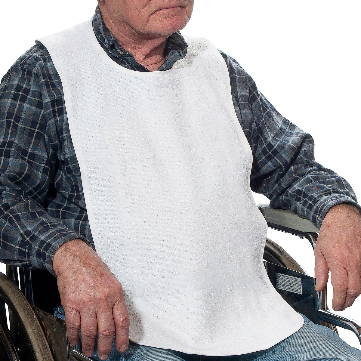 White Washable Adult Bib-Terry Cloth with Snap Closure (White)