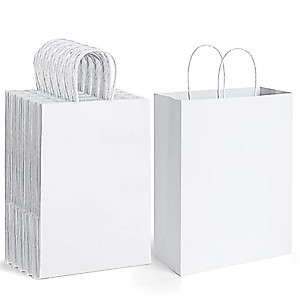 Poever White Paper Bags with Handles 10x5x13 Kraft Gift Bags 100 PCS Bulk, Large Shopping Bags Party Favor Bags Goodie Bags Grocery Bags Merchandise Bags for Packaging Products Recyclable