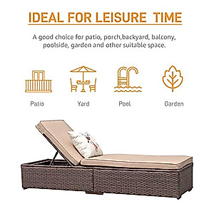 Patiorama Patio Chaise Lounge Chair, Sun Lounger, Outdoor Pool Beach Brown PE Rattan Wicker Reclining Chair W/Adjustable Backrest, Weather Cover, and Removable Cushion (Beige), Set of 2