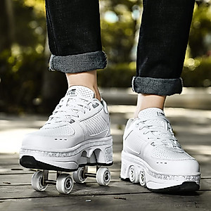 KOFUBOKE 2-in-1 Roller Skates & Sneakers Unisex Retractable Wheels Outdoor Fun & Fitness Kick Roller Shoes (White Without Light, 8)