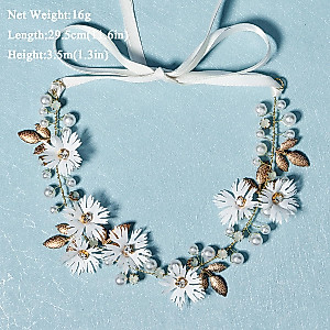 Auswalar 2 PCS Daisy Pearl Flower Vine Rhinestones Headband, Flower Headband Floral Hair Wreath Headpiece for Bridal Women Girls Hippie Wedding Party