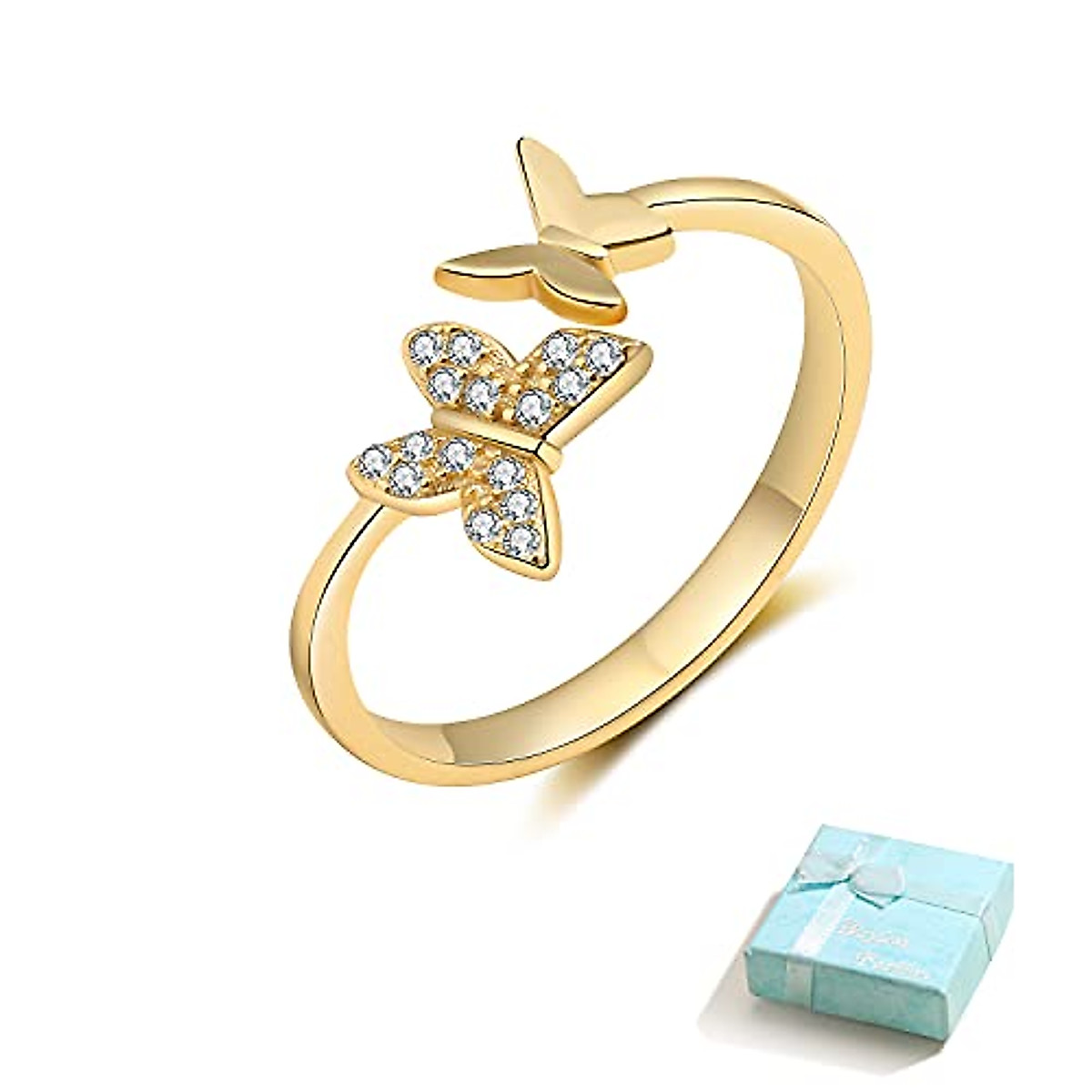 Buyless Fashion Womens Girls Butterfly Ring 14K Gold Plated Adjustable Open Ring Sterling Silver Wedding Band - RNGBTRSG