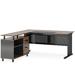 LITTLE TREE Large Computer Desk with File Cabinet, 63 Inch Executive Desk L Shaped Office Desk with Drawers and Storage Shelves, Business Furniture Desk Workstation for Home Office