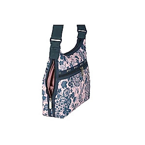 LeSportsac Rooks and Roses Large Hobo Crossbody Bag, Style 3710/Color E483, Slate Blue Whimsical Roses, Graceful Branches & Leaves Artfully Arranged on Pearlized Pastel Pink Bag