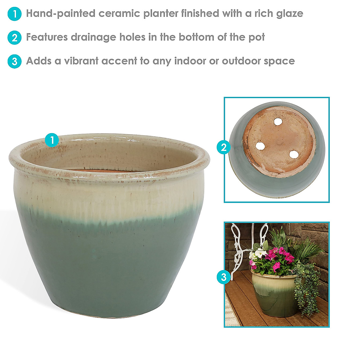 Sunnydaze Large Ceramic Planter - Indoor or Outdoor Plant Pot with Drainage Holes - Seafoam Glaze Finish - 15" - Chalet
