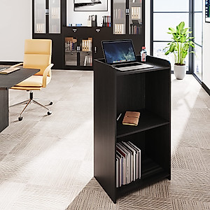 Podium Stand Portable with Wheels, Floor Stand for church, meetings, debate with large storage area, (Black)