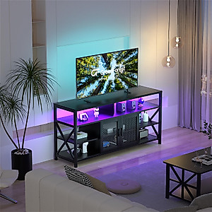 GreenForest TV Stand for 65 Inch TV, LED Lights Entertainment Center with Grid Cabinets for Living Room, 58 inch Television Stands TV Cabinet with 21 Dynamic RGB Modes, Black