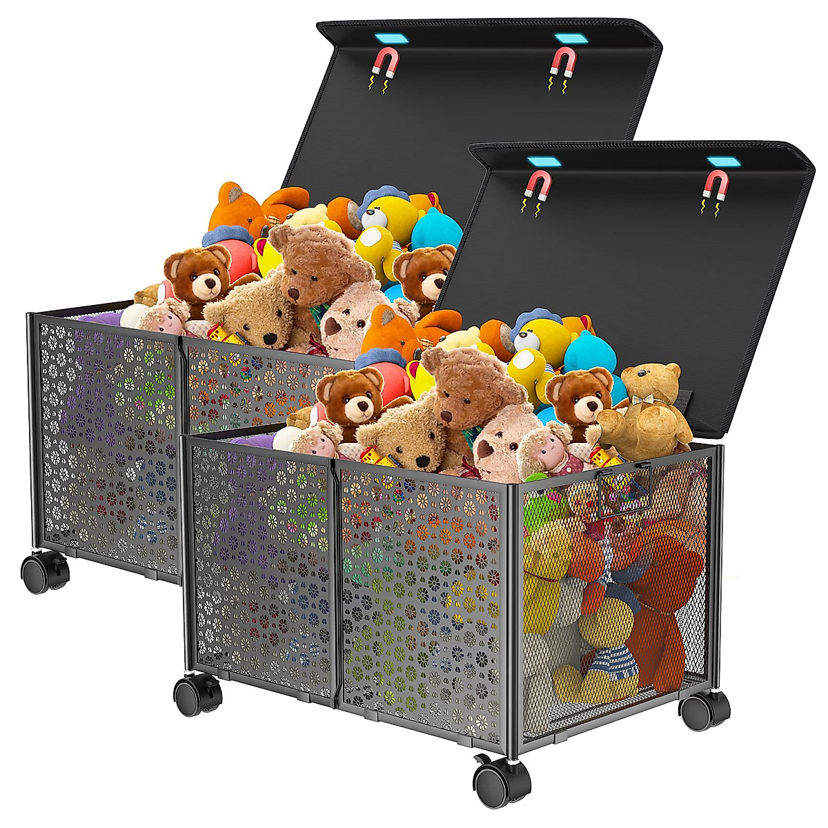 BSSOYAMM Toy Box Storage with Wheels, Toy Chest Storage Organizer with Lid, Collapsible Sturdy Metal Toy Bins for Kids, 90L Toy Storage for Nursery, Playroom, Bedroom