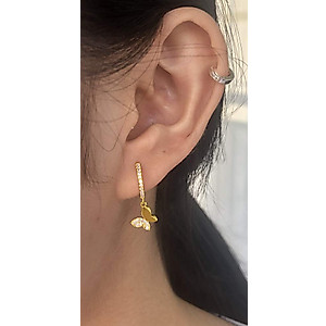 Cute Butterfly Small CZ Cartilage Hoop Earrings With Tiny Charm Dangle Drop for Women Girls S925 Sterling Silver Dainty Fashion Huggie Hoops Hypoallergenic Jewelry Gifts for Daughter Sister Bff (Gold)