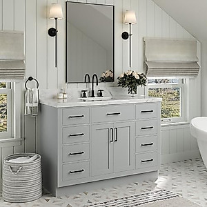 ARIEL Bathroom Vanity 49" Grey 1.5" Edge Italian Carrara Marble Countertop & Splash, Rectangular Sink, 2 Soft Closing Doors, 9 Full Extension Dovetail Drawers, Toe Kick, Matte Black
