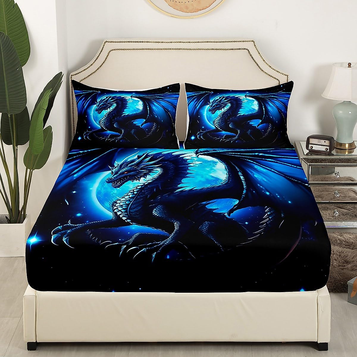Dragon Fitted Sheet Twin Size,Starry Sky Moon Night Bedding Set 2Pcs for Kids Boys Teens Men Room Decor,3D Animals Bed Sheet Western Dragon Black Blue Deep Pocket Sheet,1 Pillowcase