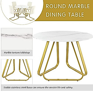 BIADNBZ 5 Pieces Dining Set Round Kitchen Furniture for Living Room, Breakfast Nook with Faux Marble Top Table and 4 PU Leather Chairs w/Metal Legs, White