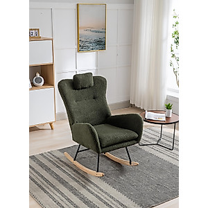 Lepfun 35.5 inch Casual, Soft Teddy Velvet Fabric Rocking Chair for Nursery,Comfy Wingback Glider Rocker with Safe Solid Wood Base for Living Room Bedroom and Balcony,Dark Green
