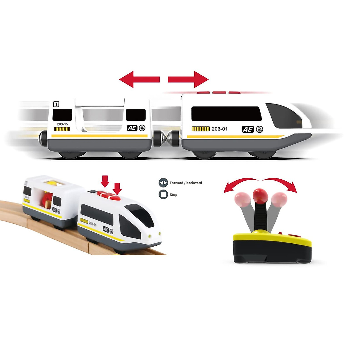 Wooden Train Set Accessories Battery Operated Locomotive Train, Remote Control Train Vehicles for Wood Tracks, Powerful Engine Train Cars Fits All Major Brands of Railway System (Battery Not Included)
