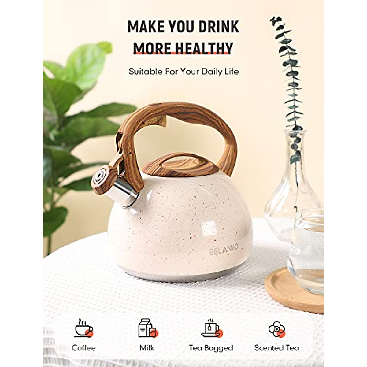 Tea Kettle, 2.7 Quart BELANKO Teapot for Stovetops Wood Pattern Handle with Loud Whistle Food Grade Stainless Steel Tea Pot Water Kettle - Cream White