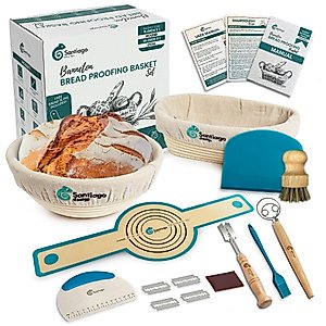 Banneton Bread Proofing Basket Set, 9 Inch Round & 10 Inch Oval Banneton Basket & Sourdough Bread Baking Supplies, with Danish Dough Whisk, Silicone Bread Sling, Linen Liner, Bread Lame, Bowl Scraper
