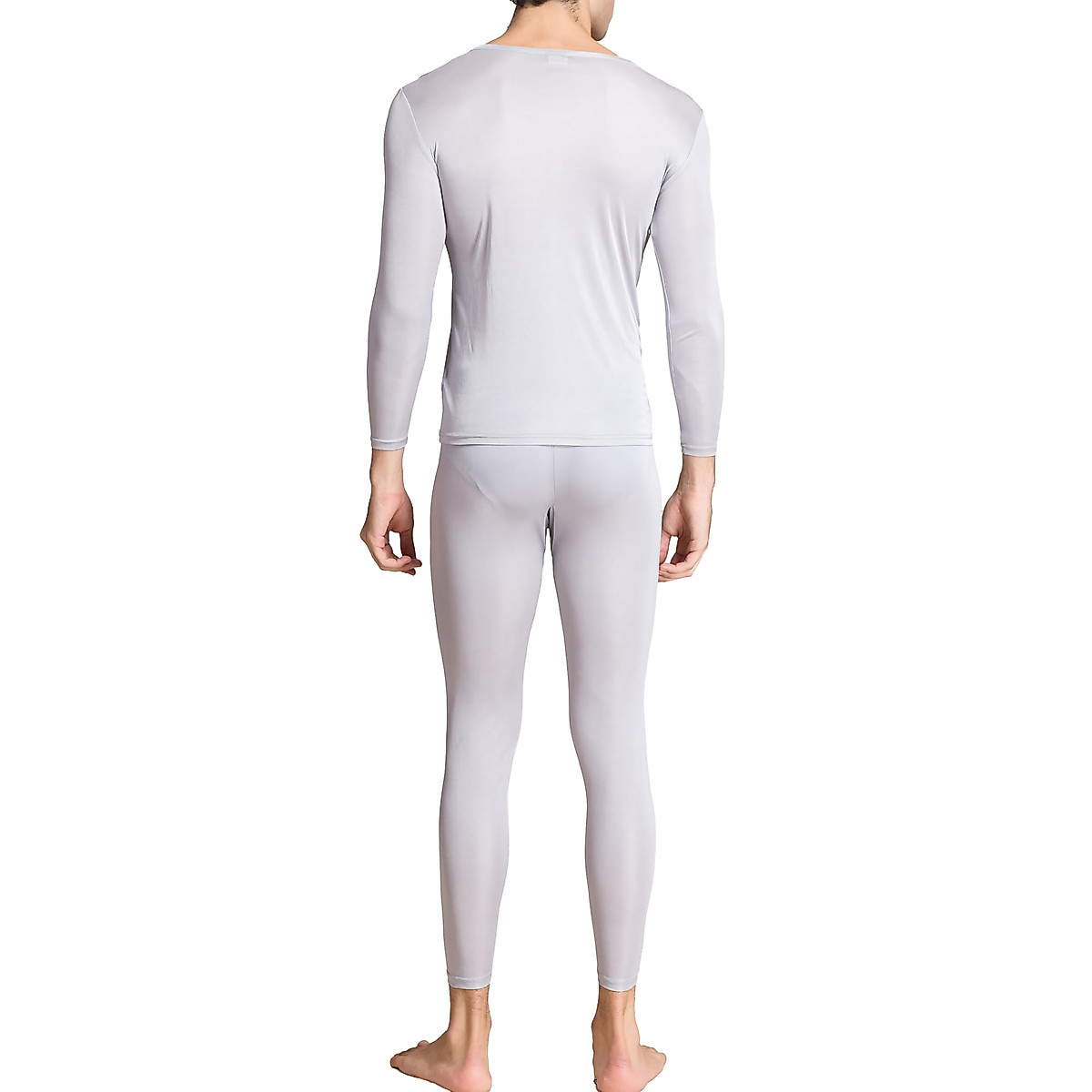 Grenasasilk Men's Silk Long Johns Mulberry Silk Long Underwear V-Neck Breathable Thermal Underwear Sets & Undergarments (L, Silver Grey)