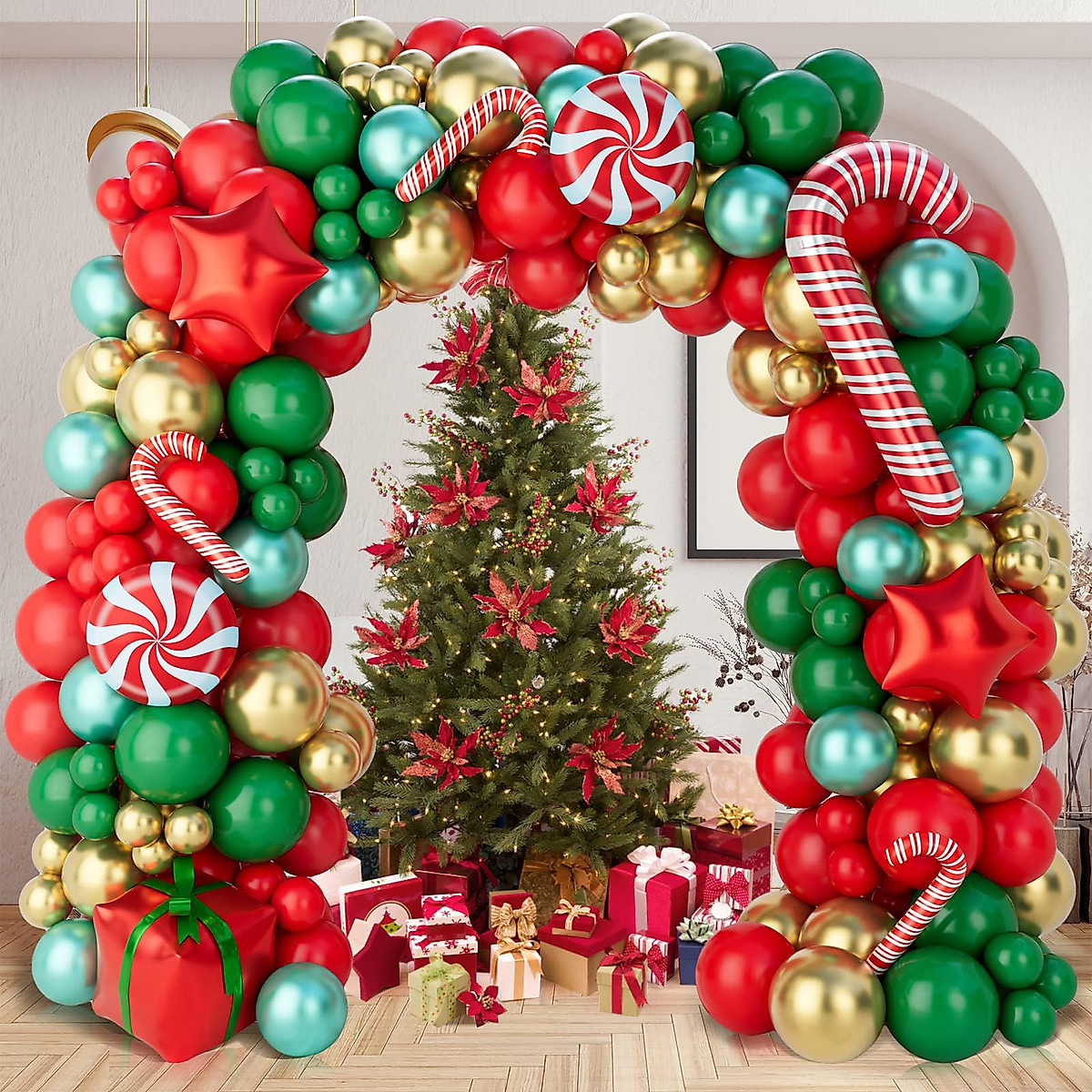 Christmas Balloons Garland Arch Kit, 150Pcs Christmas Garland with Red Green Gold Candy Cane Balloons Red Star Balloons, Christmas Arch for Christmas Party, Xmas Decorations Backdrop for Indoors