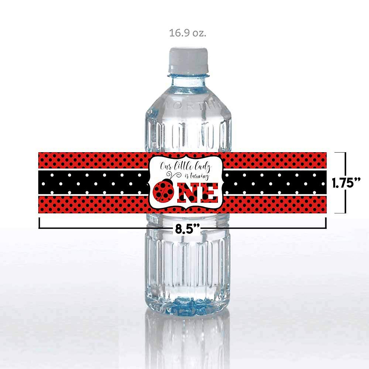 Red Ladybug First Birthday Party Waterproof Water Bottle Sticker Wrappers, 20 1.75" x 8.5" Wrap Around Labels by AmandaCreation