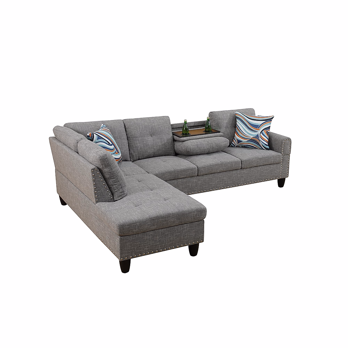 LOPOO 97" Linen Fabric L-Shaped Modular Sectional Sofa, Left-Facing Upholstered Couch with 69" Chaise Lounge, Button Tufted Design, Foldable Backrest with Cup Holders, Grey Living Room Furniture Set