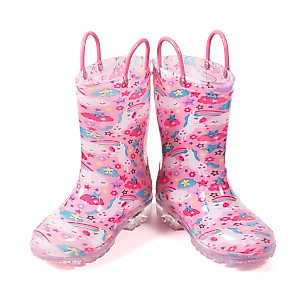 HugRain kids Girls Boys Rain Boots Toddler Light Up Printed Waterproof Shoes Lightweight Adorable Cute Pink Unicorn Rubber with Easy-On Handles and Insole (Size 13,Pink)