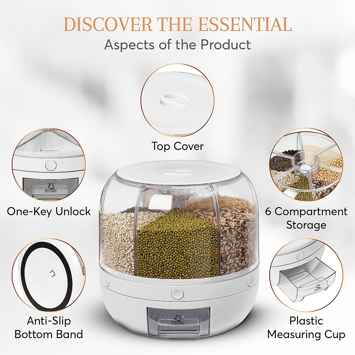 ZEEMBU Grain and Rice Dispenser, 8 Quarts Rotating 360° Kitchen Dry Food Storage Container with 6 Compartments, Easy Disassembly for Cleaning, Compact Design