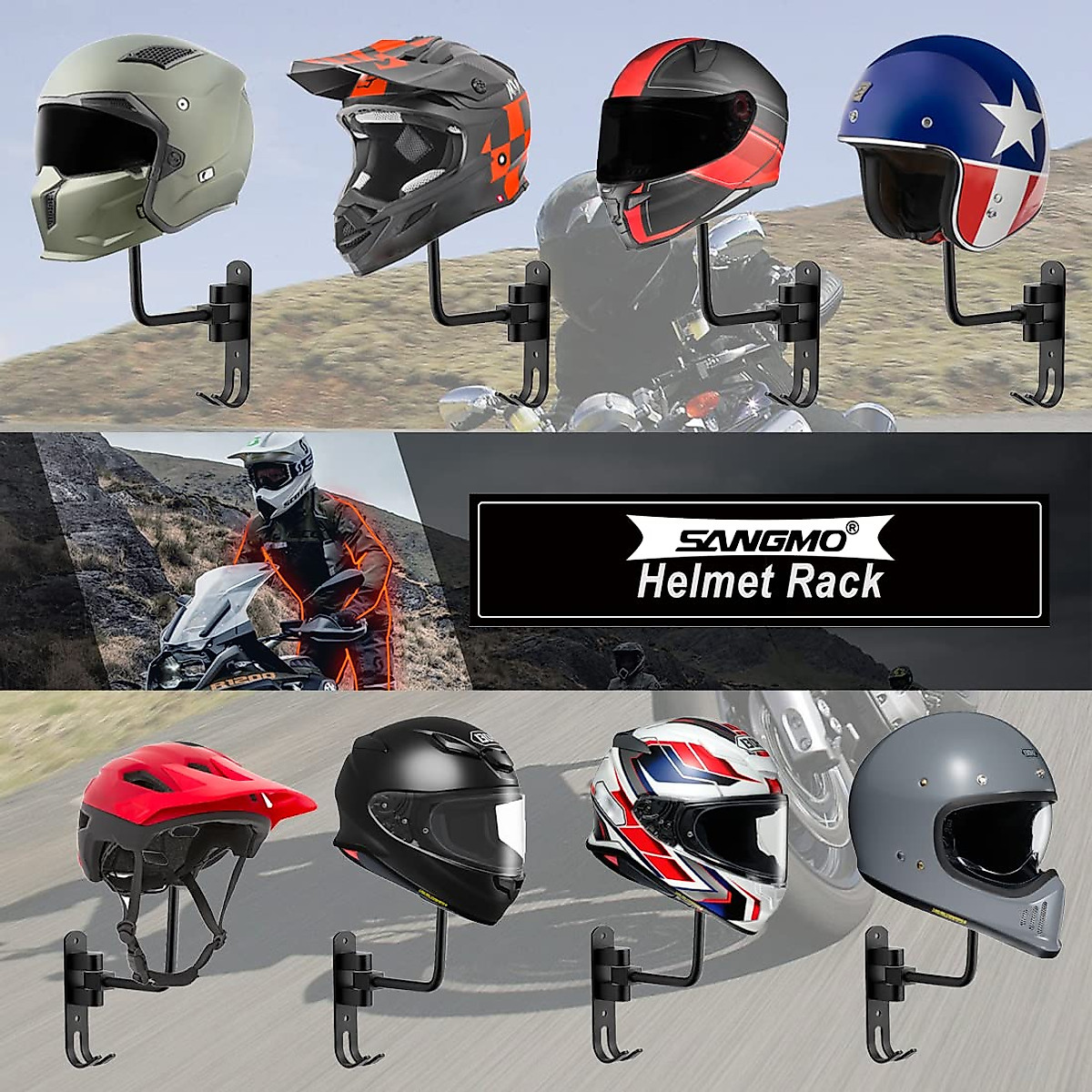 SANGMO 180° Motorcycle Helmet Rack, Rotation Metal Helmet Holder Wall Mounted Helmet Rack Motorcycle with 2 Hooks Helmet Hanger for Motorcycle Bike Coats, Caps, Baseballs and Rugby Helmet (2 Pack)