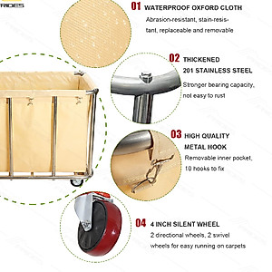 Commercial Laundry Cart with Wheels, 11.35 Bushel Large Laundry Tumbler with Removable Waterproof Canvas Lined Basket, Heavy Duty Stainless Steel Laundry Basket for Hotels and Hospitals