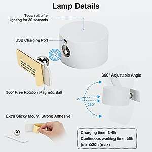 Lightess LED Wall Sconce, Wall Mounted Lamp with Rechargeable Battery Operated, 3 Brightness Level & 3 Color Temp 360°Rotate Magnetic Ball,Touch & Remote Control Wall Light for Reading Bedside