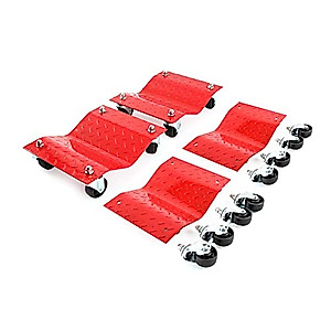 4 Tire Car Wheel Dolly Heavy Duty MEGA-Push Skates Triple Ball Bearings with Brakes 6000 lb Capacity Red