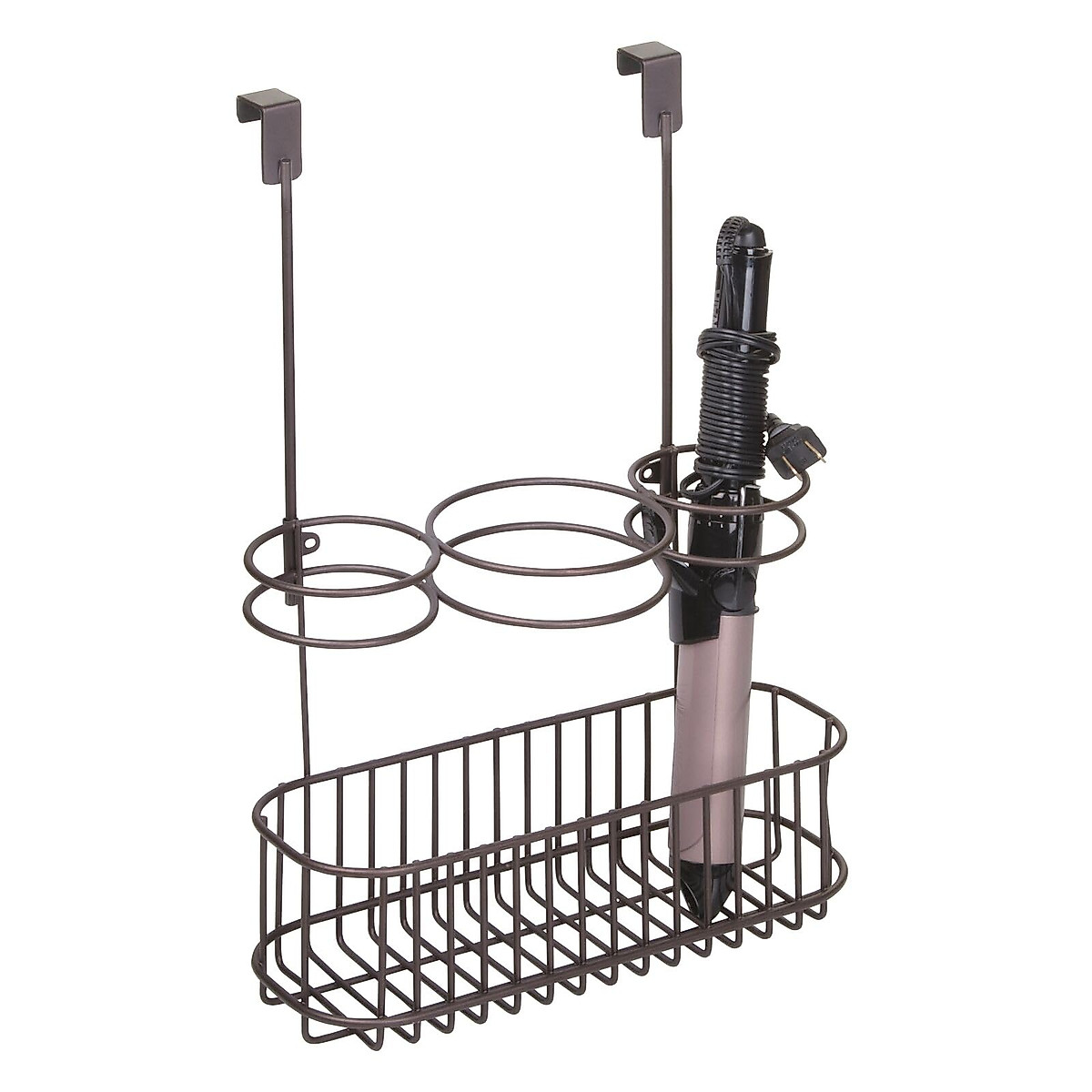 mDesign Steel Over Cabinet Door Hair Care, Hot Styling Tool Organizer Storage Basket for Hair Dryer, Flat Irons, Curling Wands, Straighteners, Space Saving, 3 Sections, Concerto Collection, Bronze