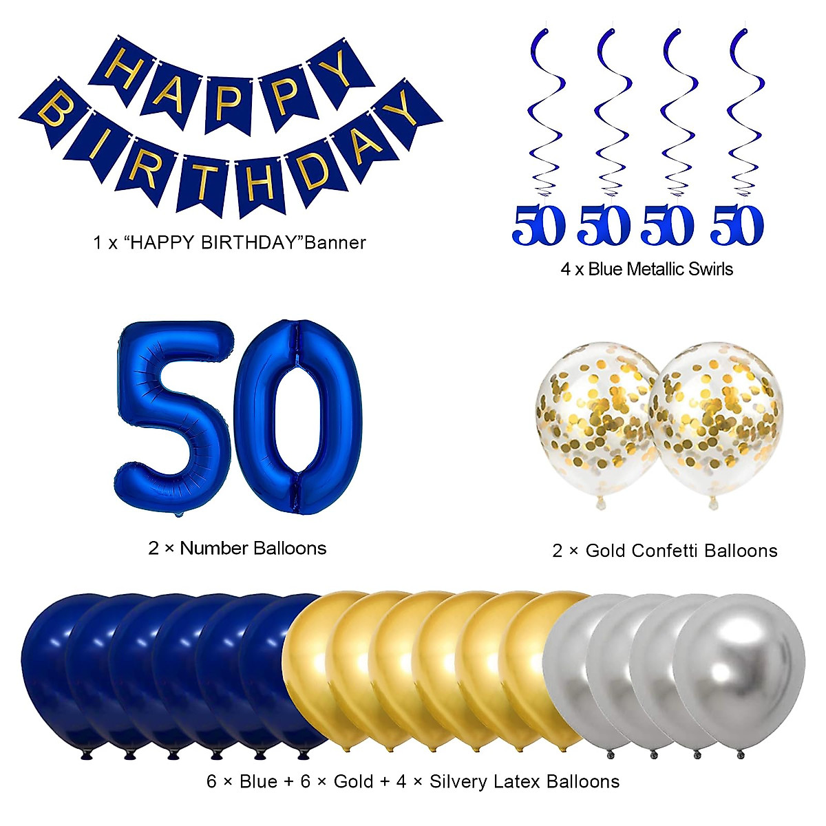 Blue and Gold 50th Birthday Party Decorations for Him Her, Happy Birthday Banner, Number 50 Foil Balloon, Navy Blue and Gold Birthday Decorations Supplies by BRT Bearingshui