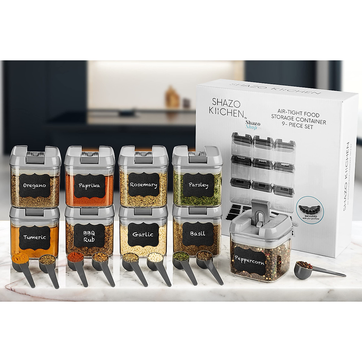 Shazo Airtight 9 Pc Mini Container Set + 9 Spoons - Durable Clear Plastic Food Storage Containers with Lids - Kitchen Cabinet Pantry Containers for Spices, Herbs, Coffee, Tea - Gray
