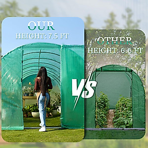 Papababe 28x10x7.5 FT Extra high Large Walk-in Greenhouse for Outdoors, Upgraded Swing Door, Heavy Duty Galvanized Steel Frame Tunnel Greenhouse kit, Reinforced PE Cover & Film Clips, Green