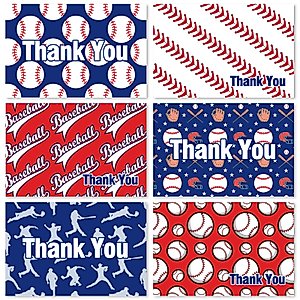 AnyDesign 36 Pack Baseball Thank You Cards with Envelopes Stickers 6 Design Red Blue Sports Thank You Note Cards Baseball Blank Cards for Birthday Baseball Season Games Supplies, 4 x 6 Inch