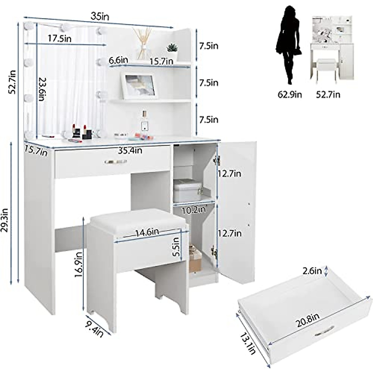 Makeup Vanity with Lights, Vanity Desk with Mirror and Lights Set, Large Drawer and Two-Tier Lots Storage Cabinet Dresser, 3 Lighting Modes Adjustable Brightness, Makeup Table for Bedroom, White