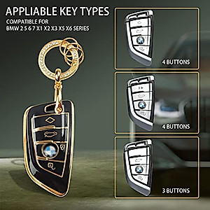 Key Fob Cover Case with Bling Keychain for BMW Accessories, Soft TPU Key Cover Compatible with 2 5 6 7 Series X1 X2 X3 X5 X6 (Black)