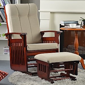 Wlvos Anti-Pinching Glider Chair for Nursery, Wood Glider Rocker with Ottoman Set, Nursery Rocking Chair for Living Rooms, Bedrooms Nursing (Cherry)