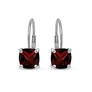 Red Earrings for Women Sterling Silver 7x7mm Cushion-Cut Garnet Leverback Earring Bridesmaids Birthday Fashion Trendy