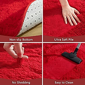 Chicrug Fluffy Cute Red Round Area Rugs for Girls Bedroom, 4x4 Feet Shaggy Circle Area Rug for Living Room, Soft Fuzzy Carpets for Princess Room, Cute Rug Kids Circular Playmats for Baby Nursery Home