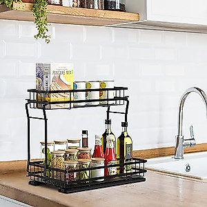 GMFINE 2 Pack Under Sink Organizer and Storage, 2 Tier Slide Out Undersink Cabinet Organizer Storage Organization with Hooks for Under Kitchen Bathroom Sink Storage Cleaning Supplies, Black