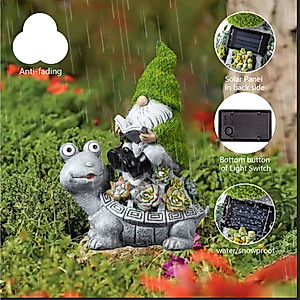 Garden turtle and gnome statue decoration,solar figurine with Light,Lawn ornament accessories,funny & cute turtle gifts for turtle lover with gnome reading book outdoor in patio lawn yard 10.5"