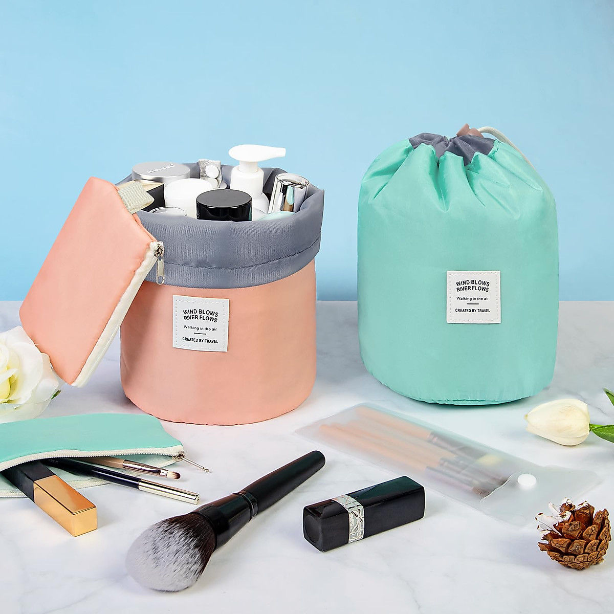 2 Pack Travel Makeup Bags Waterproof Cosmetic Bags Multifunctional Bucket Toiletry Bag Make up Organizer Barrel Cases Kit Storage pocket Soft Collapsible Portable Cosmetic Cases