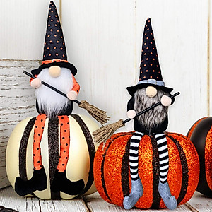 Halloween Witch Gnomes with Broom, Dangle Leg Sitting Fall Autumn Gnomes, Faceless Tomte Halloween Table Tier Tray Decor Sets of 2