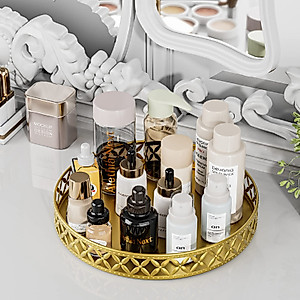 EKNITEY Bathroom Counter Vanity Tray - Perfume Makeup for Dresser Tops Gold Round Serving Candle Decorative Storage Home Decor 11'' Floral-gold